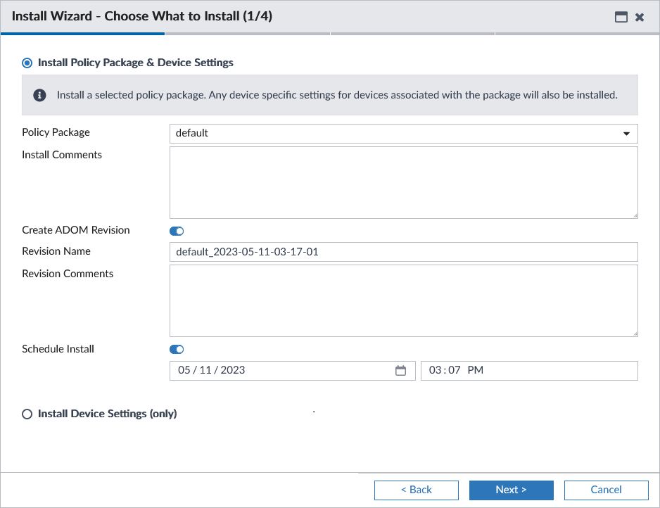 Installing policy packages and device settings | FortiManager 7.4.5 | Fortinet Document Library